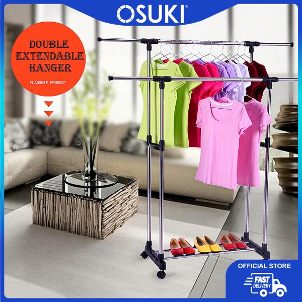 OSUKI Portable Double Pole Clothes Hanging Rack Stand (Adjustable ...